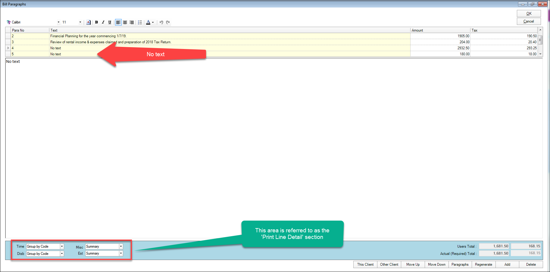 Removing the 'No Text' description in Stage Three of the Billing Wizard